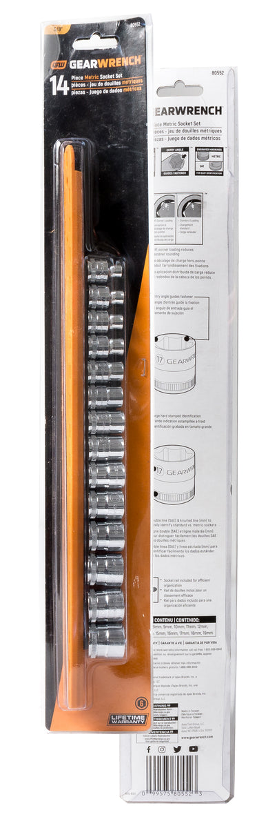 GearWrench 14 Pcs 3/8 Inch Drive Metric 6 Point Socket Set Rail Organi ...