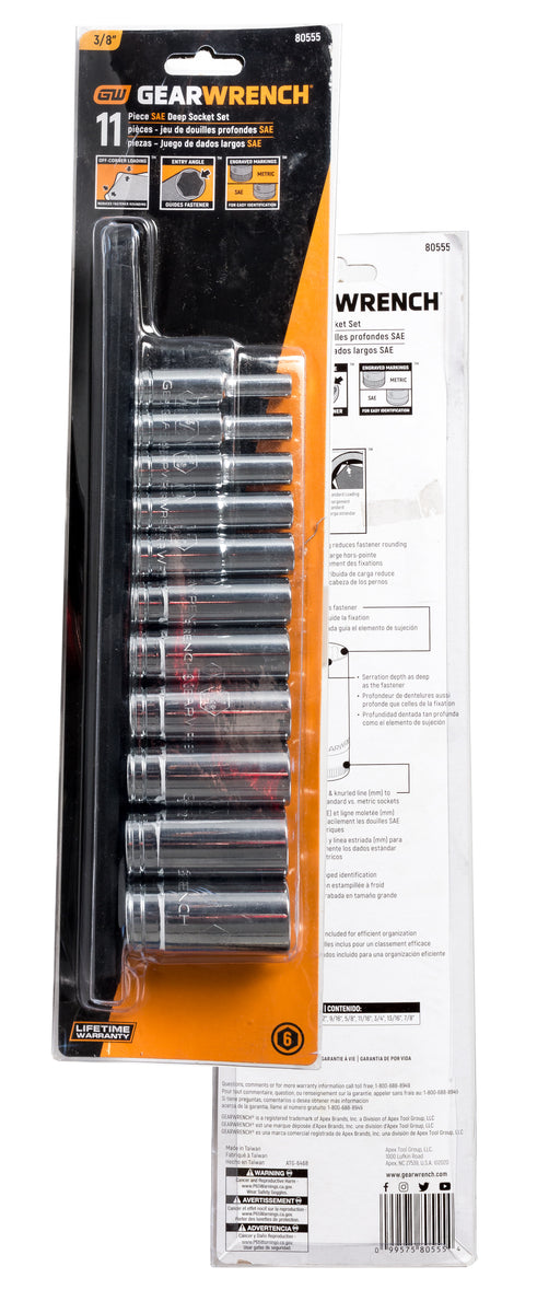 GearWrench 3/8" Drive 11 Piece 6 Pt SAE Deep Socket Set Storage Rail M ...