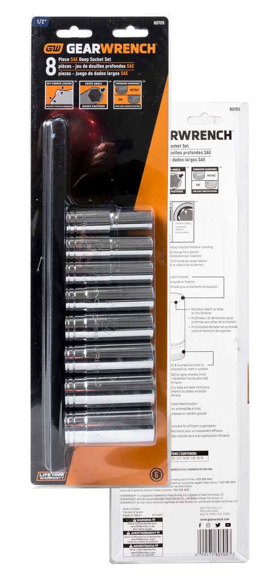 GearWrench 1/2 In SAE Deep Socket Set 8 Piece 6 Pt Organizer Rail Mode ...