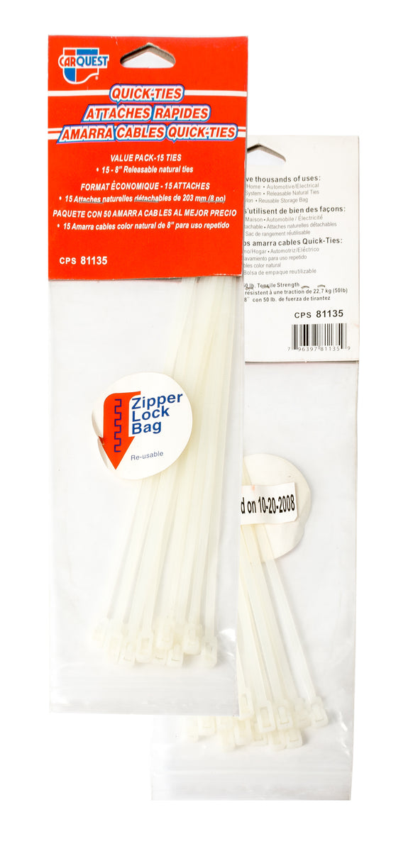 Carquest Quick Ties Value Pack 15 Ties 8-inch Releasable Natural Ties ...